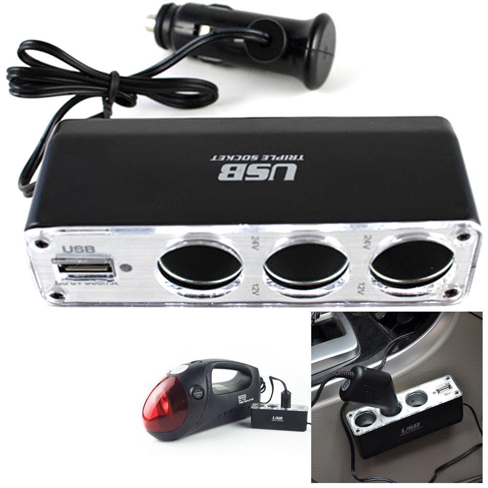 Car Cigarette Lighter Socket Splitter 3 Way USB Charger Adapter DC 12V ...