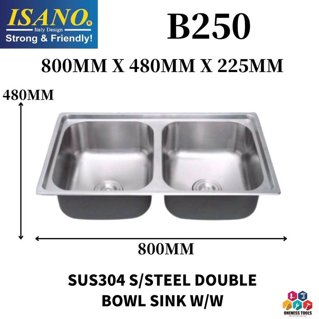 ''ISANO'' SUS304 S/STEEL DOUBLE BOWL SINK W/W -800MM X 480MM X 225MM X ...