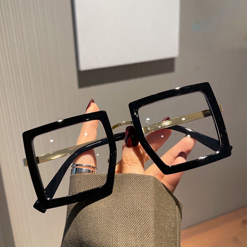 Female Male Retro Big Thick Frame Square Flat Mirror Black Glasses ...
