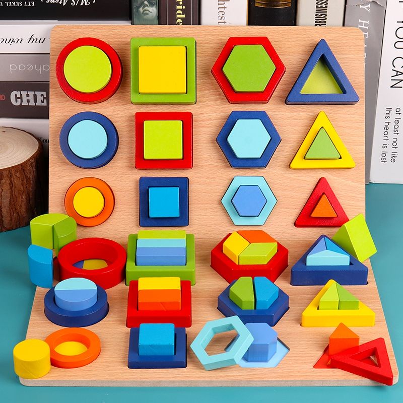 Children Wood Geometry Shape Matching Puzzle Board Montessori Sorting ...