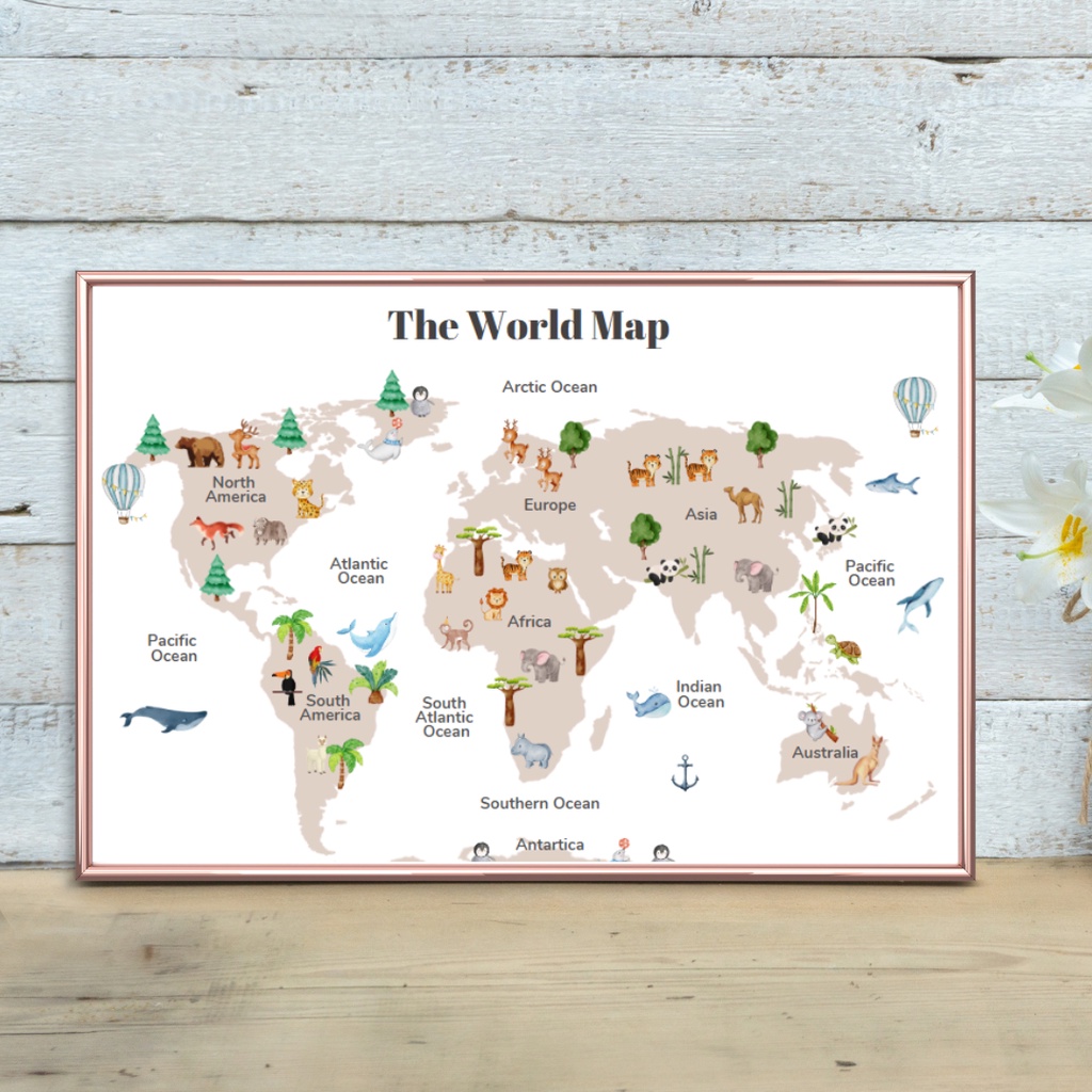 A4 A3 Animals World Map, Animal World Map Print, Nursery Wall Art ...