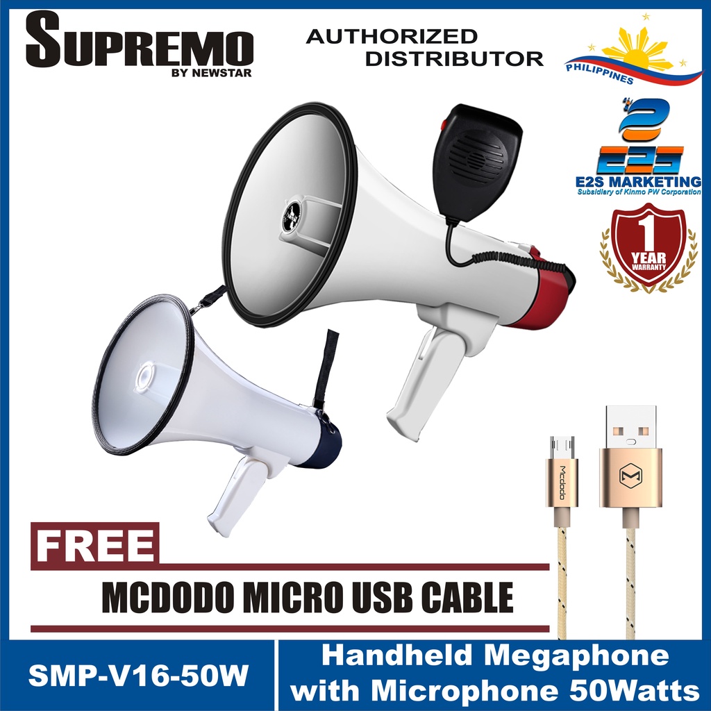 Supremo Handheld Megaphone with Microphone 50Watts SMP-V16-50W w/ Voice ...