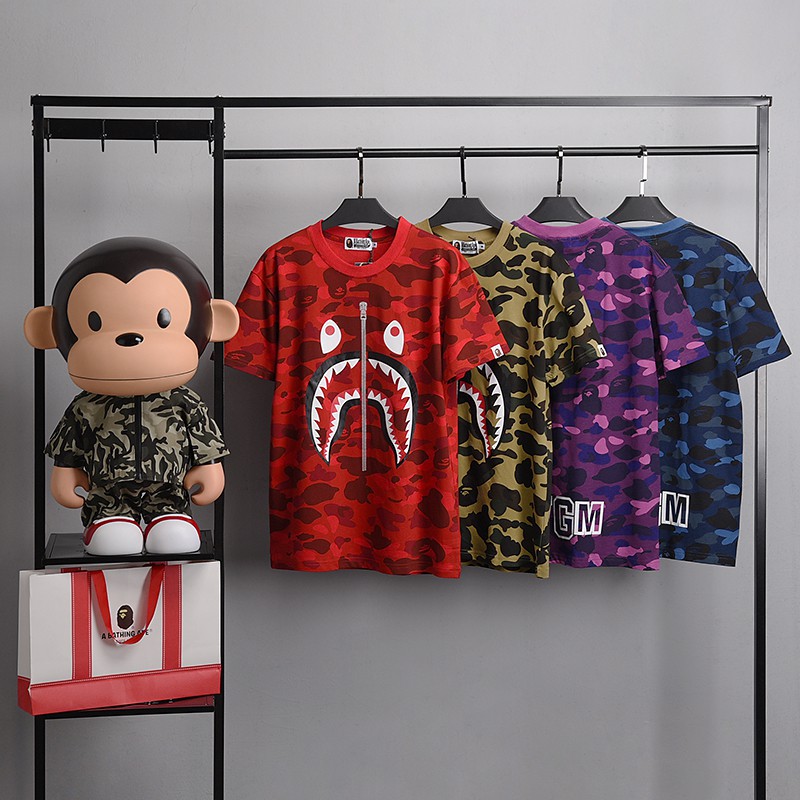 BATHING APE Bape O-Neck Short Sleeve Shark Printing Green Red Blue ...