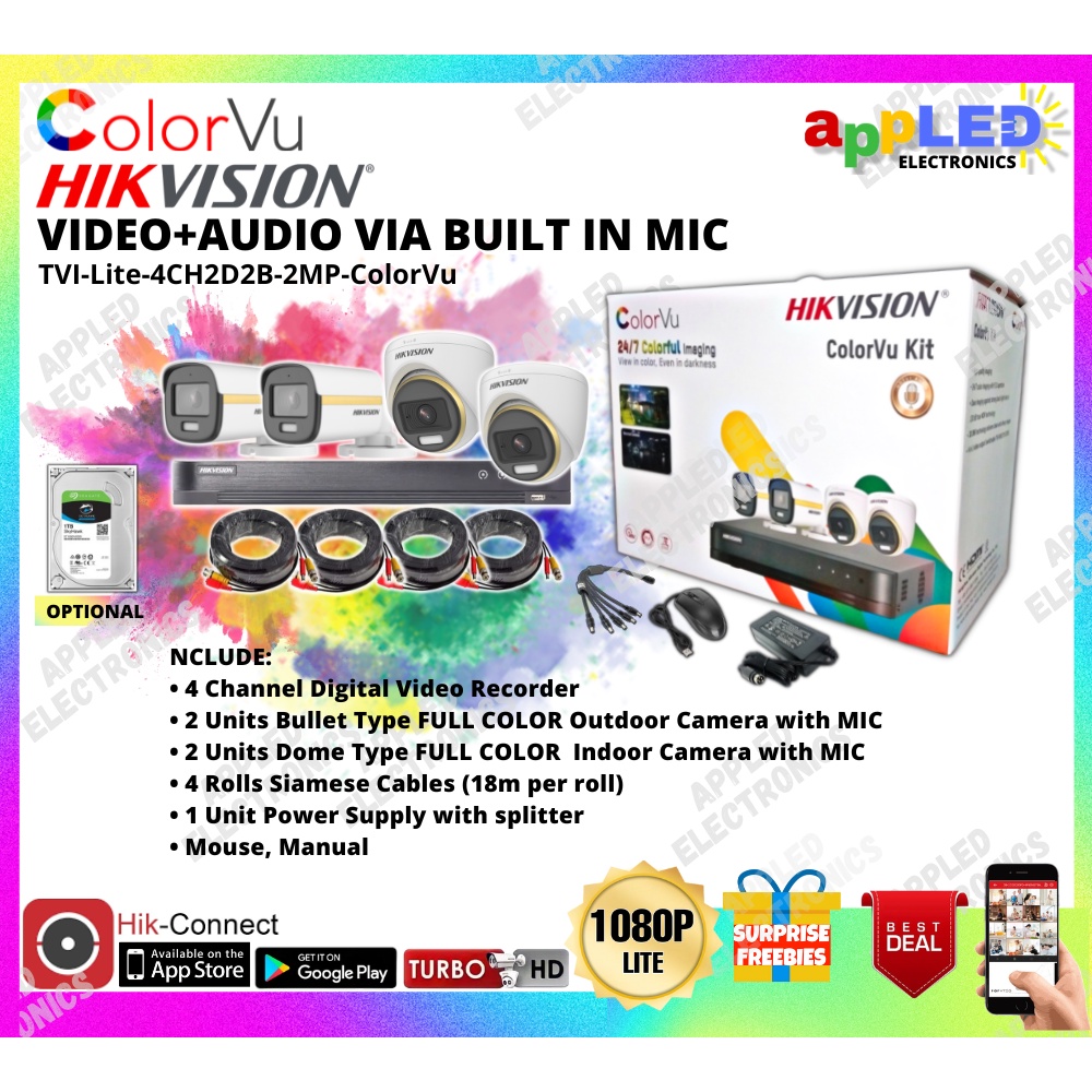 HIKVISION TVI-Lite-4CH2D2B-2MP-ColorVu CCTV Package 2MP (Lite) 4 24/7 Full Color Cameras with ...