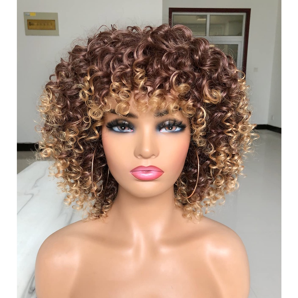 Wannivia Curly Afro Wig With Bangs Short Kinky Curly Wigs For Black Women Synthetic Fiber Soft