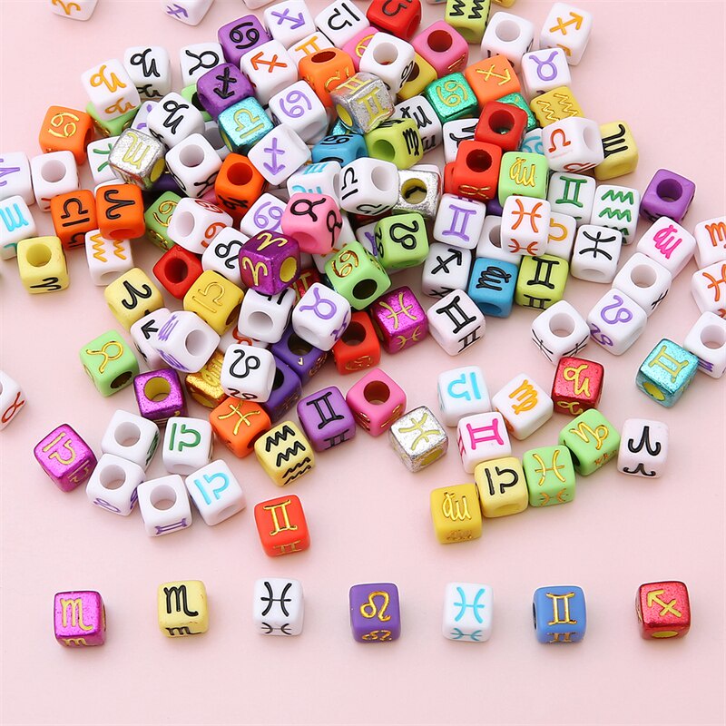 50pcs Cubes Letter Constellation Acrylic Beads Charm Square Alphabet ...