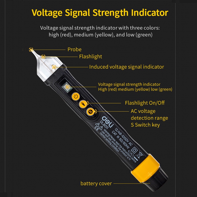 Deli Digital Voltage Detector 12-1000V AC/DC LED Alarm Circuit ...