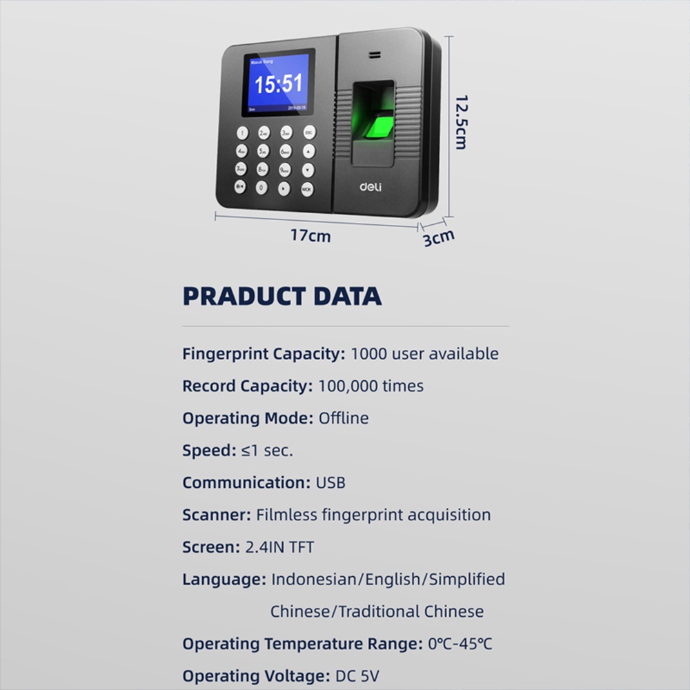 Deli Fingerprint Attendance Machine Fingerprint Recognition 2.4'TFT ...