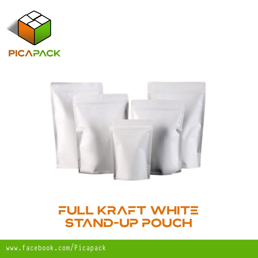 100 pcs Full Kraft White Stand up Pouch with ziplock Coffee Nuts beans ...