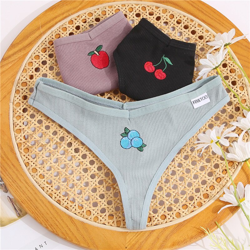 Finetoo Fruit Embroidery Thong Women Cotton T-Back Underpants M-Xl ...
