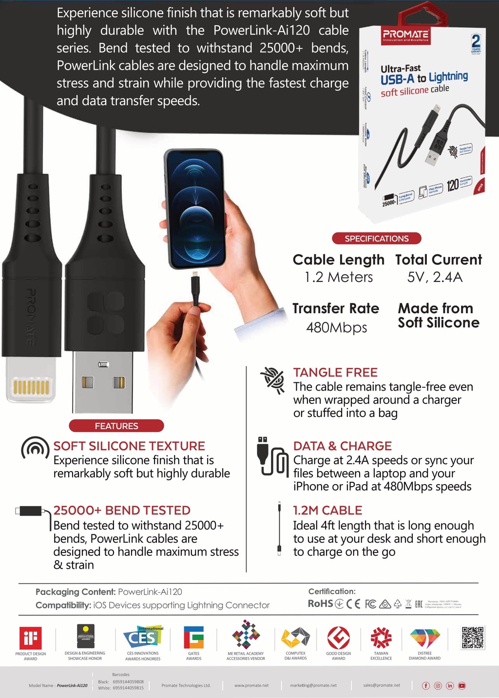 Promate PowerLink-Ai120 Ultra-Fast USB-A to Lightning Soft Silicon ...