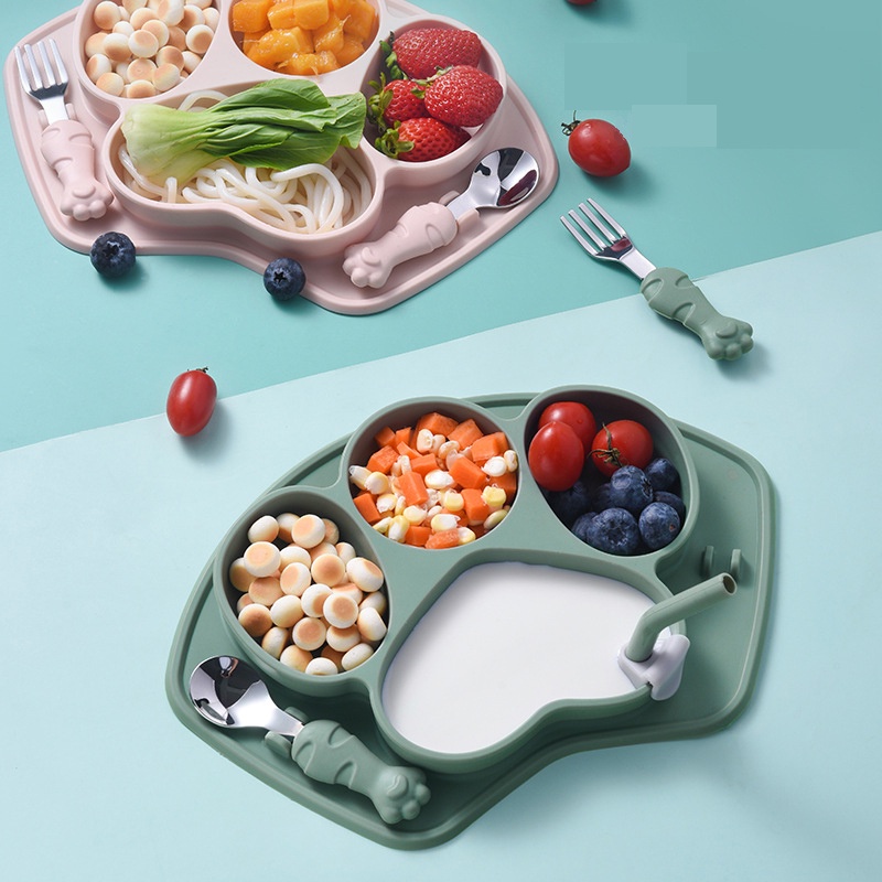 Children's silicone straw bowl dividing plate eating/ Silicone baby ...