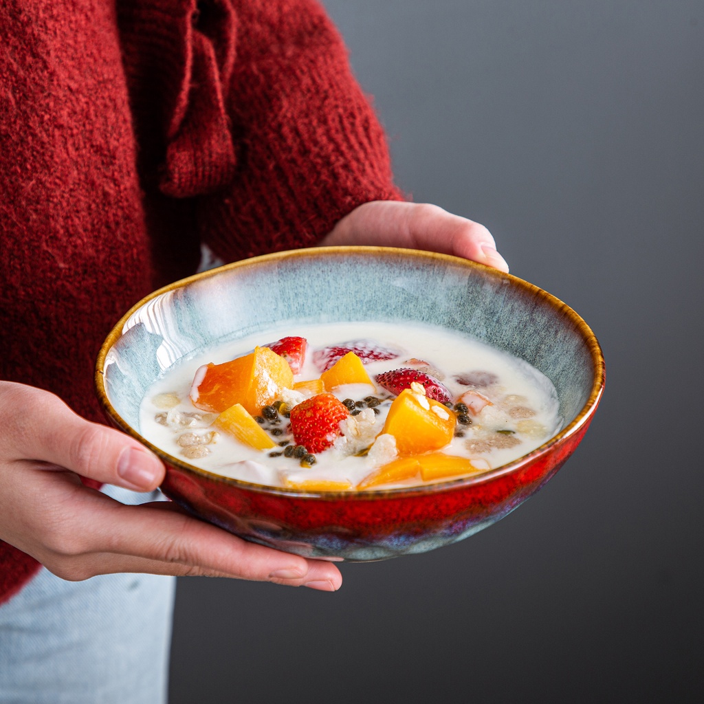 Starry Red 4/8/12-Piece 550ML Large Cereal Bowls Vintage Look Ceramic Kiln Change Glaze Soup ...