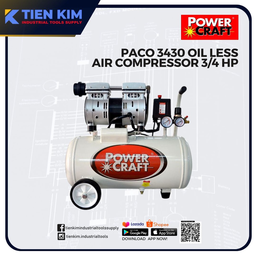 POWERCRAFT PACO 3430 OIL LESS | OILESS AIR COMPRESSOR 3/4HP | Shopee ...