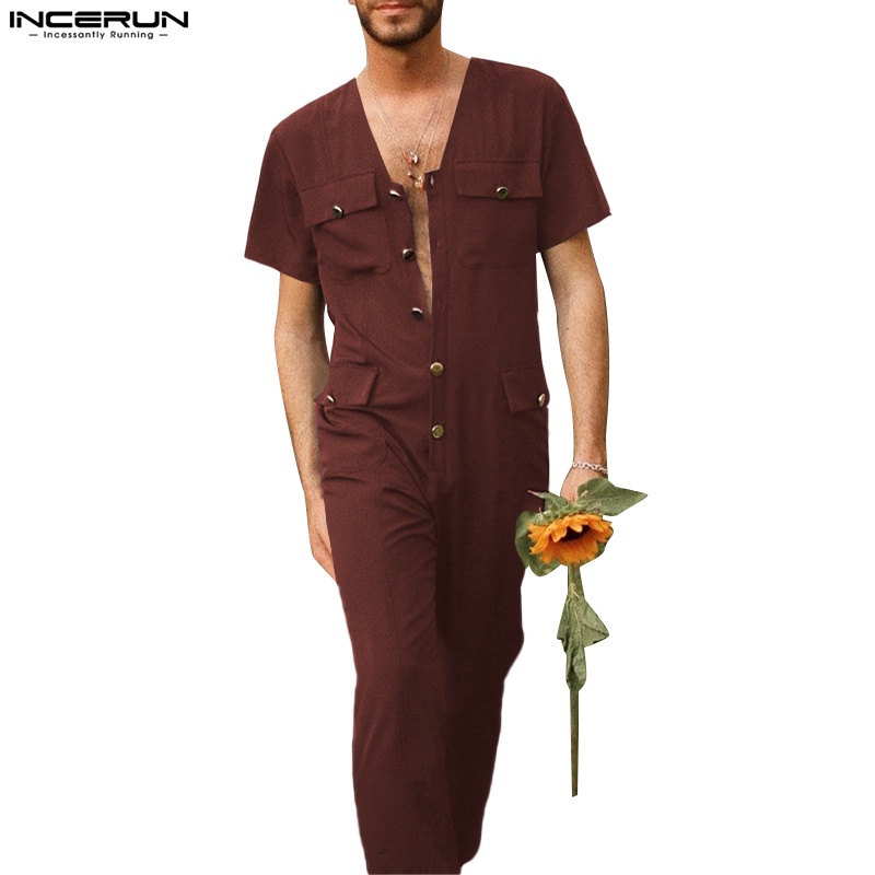 INCERUN Men's Casual Buttons Down Short Sleeve V Neck Plain Cargo ...