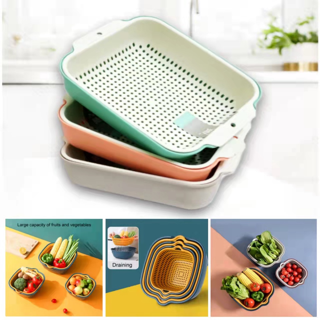 Double-Layer Plastic Colander Food Drain Basket / Rectangle Strainer ...