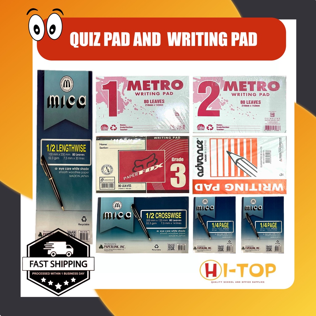 Mica & Ordinary ¼ Quiz Pad, Writing Pad Grade 1 to 4, ½ Lengthwise, ½ ...