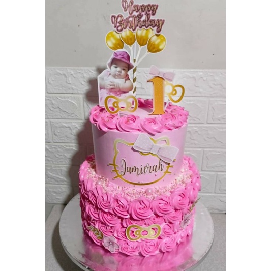 customized photo printed gold themed hello kitty ribbon pink cake ...