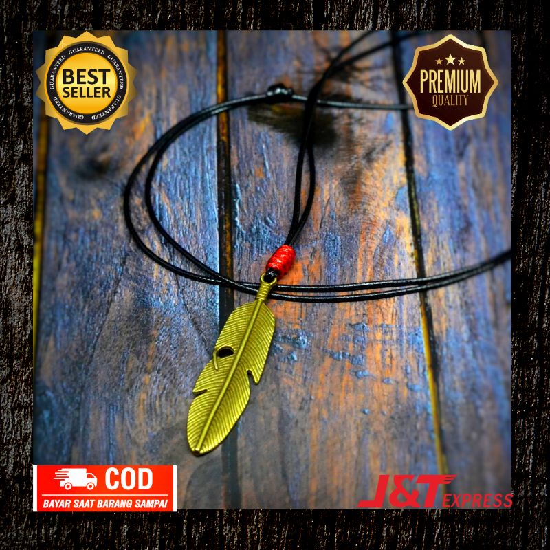 Titanium Men's Rope Necklace, Large Feather Pendant, Antique Gold Color ...