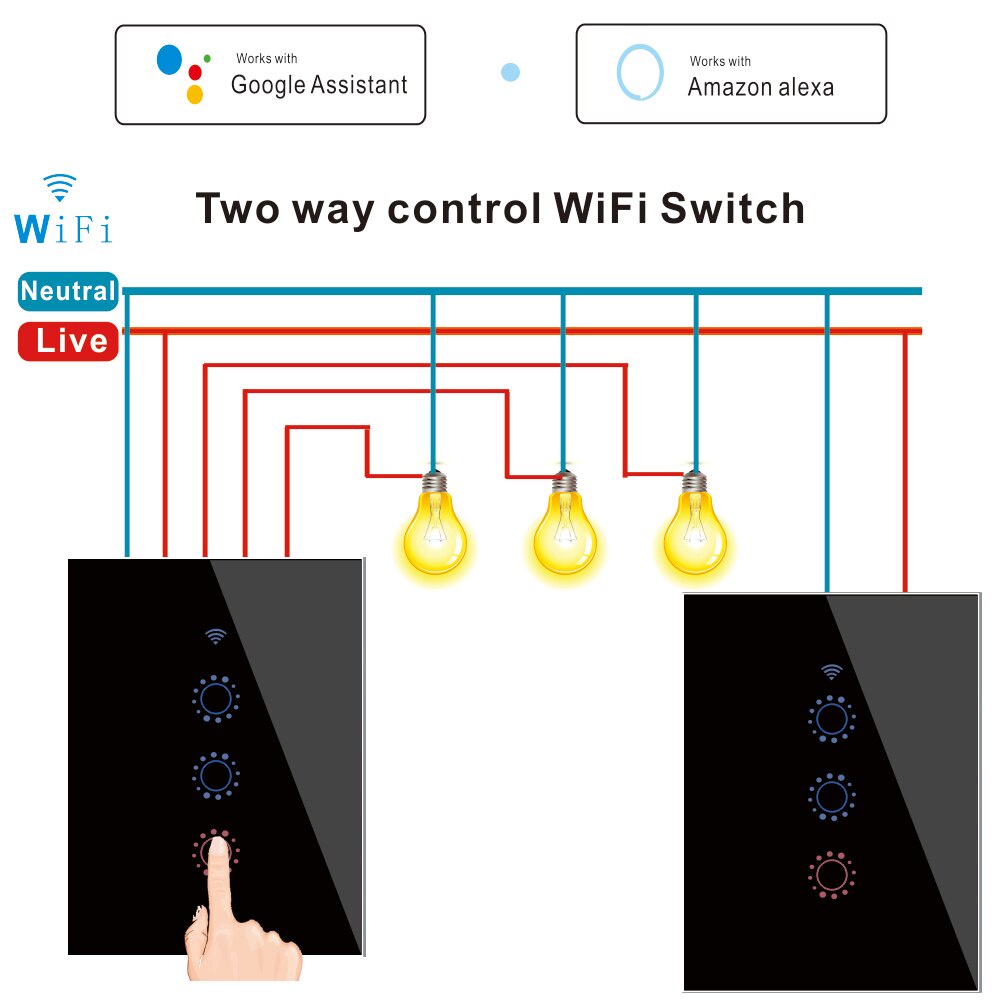 WiFi Smart 2 Way Switch 1 2 3 Gang Glass Wall Touch Switches Tuya smart ...