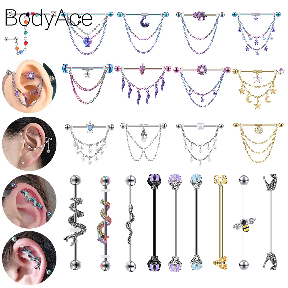 Bodyace 1 PC Stainless Steel Industrial Barbell Chain Long Earrings ...