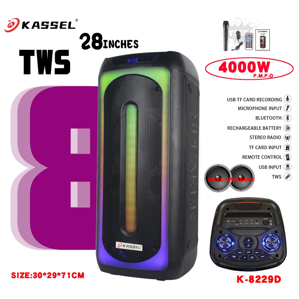 FREE USB KASSEL 28Inches 2x8" Bluetooth Karaoke Speaker Colored LED ...