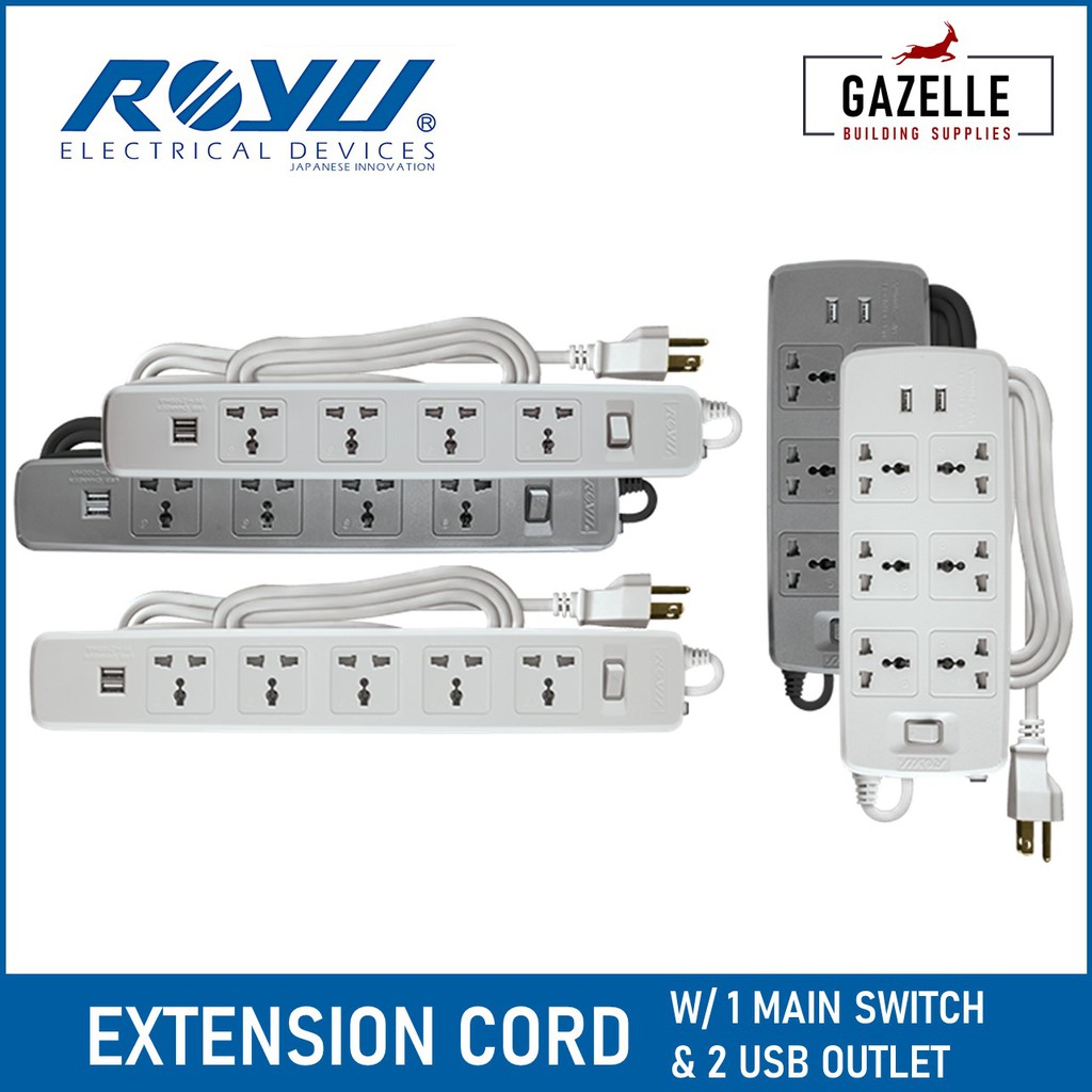 Royu Extension Cord w/ One Main Switch & 2 USB Port 2 Meter Cord 4 5 6 ...