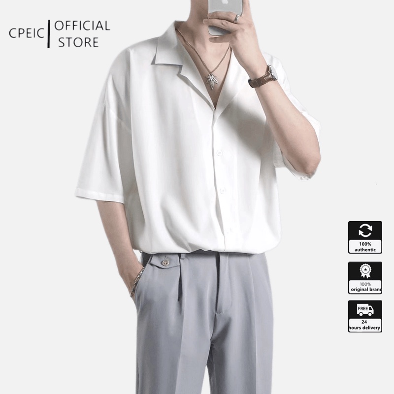 ☆CPEIC★Korean Shirt for Men Unisex Short Sleeve Top Casual Business ...