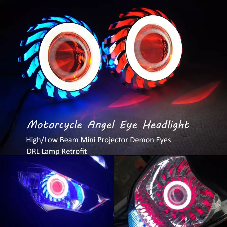 Motorcycle 12V-85V Projector Head Light Hi/Lo Beam LED Angel Devil Eye ...