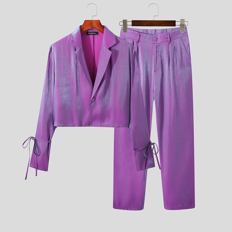 INCERUN Men's Chic Stylish Lapel Outer+ Shinny Pants Outfit Suit Two ...