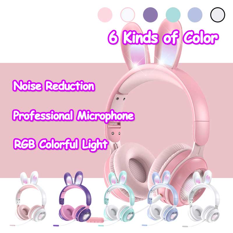 Wireless Earphones RGB Rabbit Ears Headset with Mic Cute Girls Music ...
