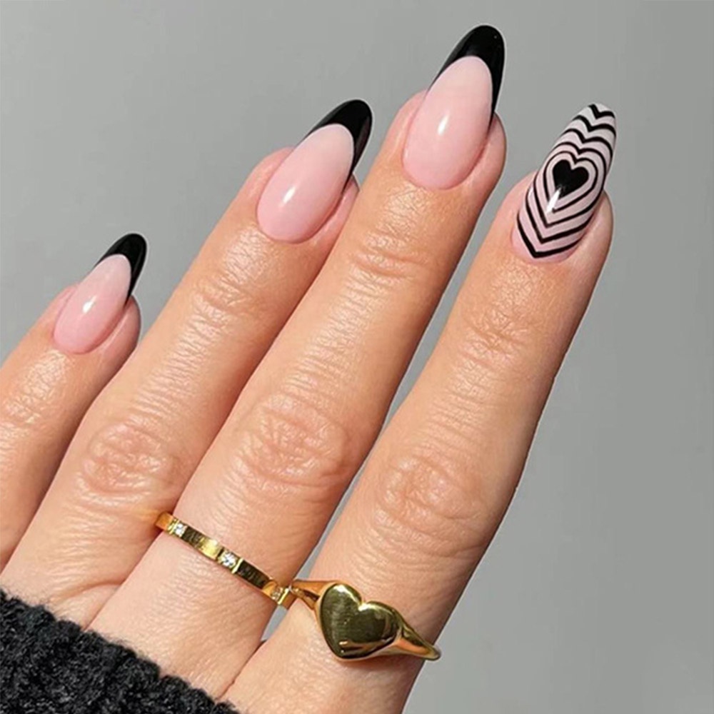 24PCS Long False Nails French Style with Black Trim Teardrop Shape Fake ...