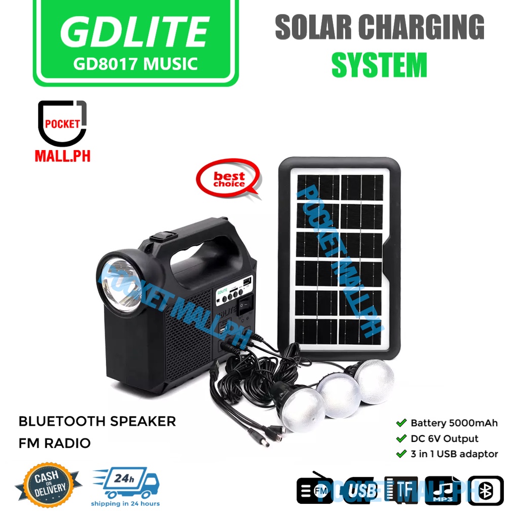 GDLITE Solar Charging System GD8017 MUSIC Handy light Bluetooth speaker FM radio W/3 Led bulbs ...