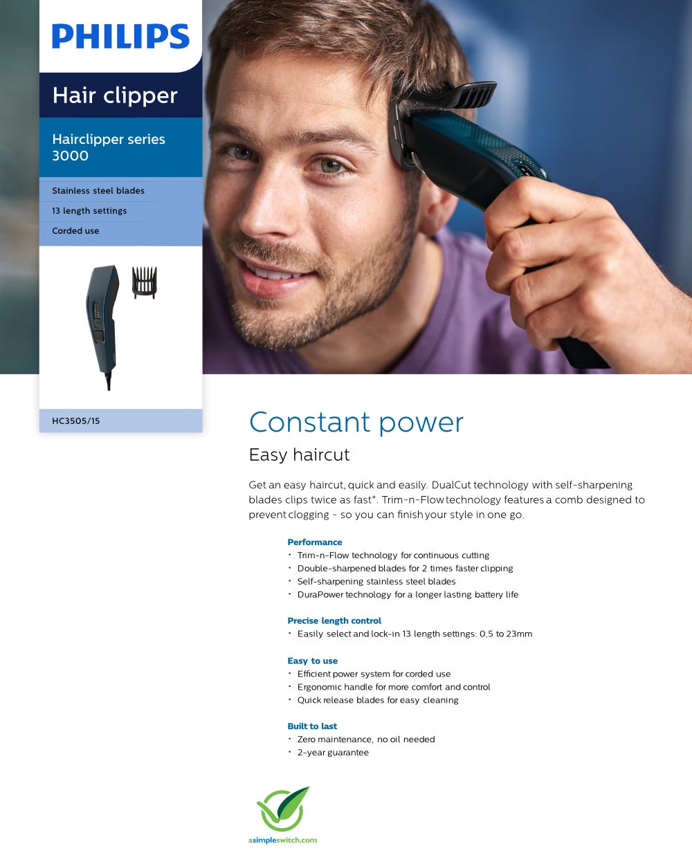 Philips Hairclipper Series 3000 HC3505/15 with Trim-n-Flow Technology (2x faster, Clipper for ...