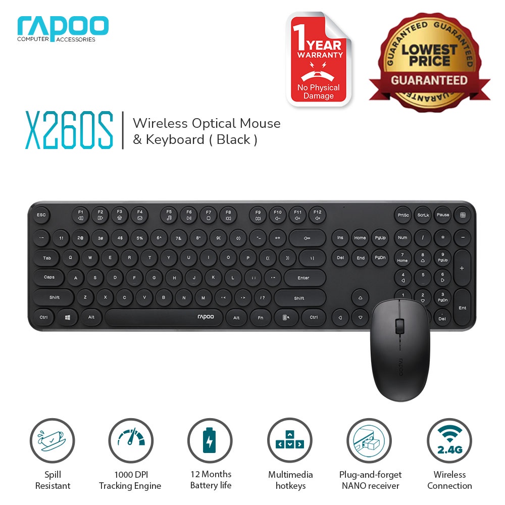 RAPOO X260/X260S Slim Wireless Keyboard and Mouse Set with Round ...