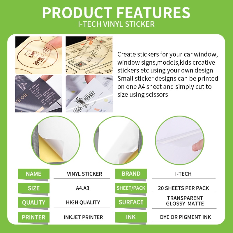 A3 Vinyl Sticker Waterproof Matte / Glossy / Transparent 20Sheets/Pack ...