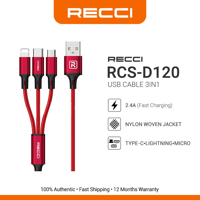Recci RCS-D120 3-in-1 USB Cable Lightning/ Type-C/ Micro 2.4A Fast Charging Smart Chip | Shopee ...