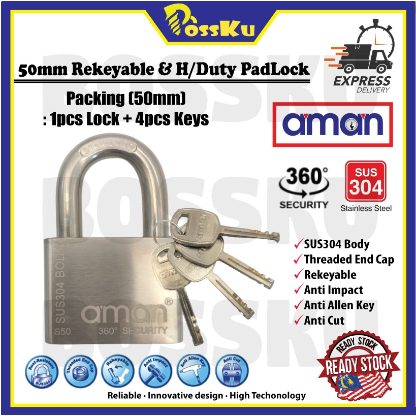 AMAN 360o Sensibly Security and Heavy Duty 50mm Padlock 【1/2/3 pcs ...