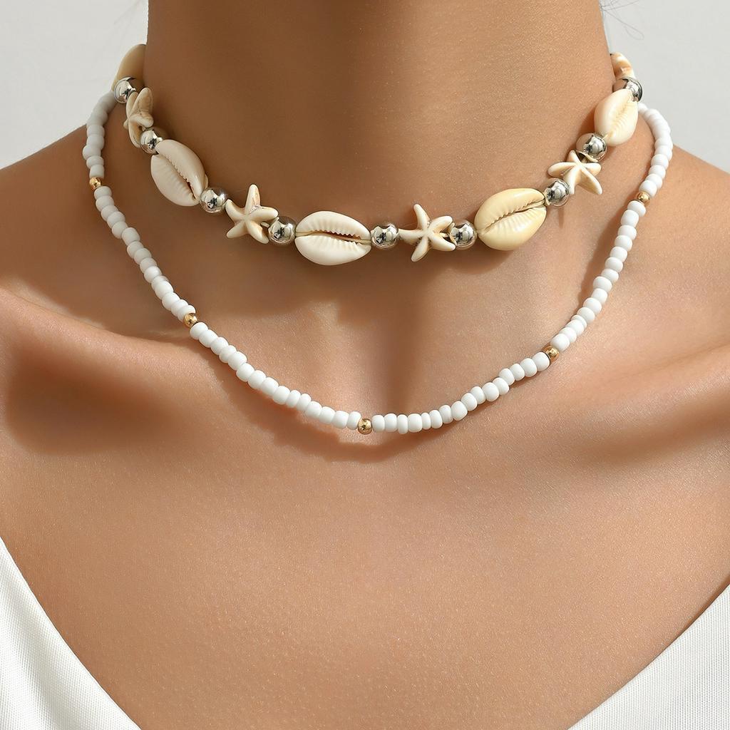 2-pack Bohemian Beach Shell Starfish Beaded Necklace Seaside Vacation ...