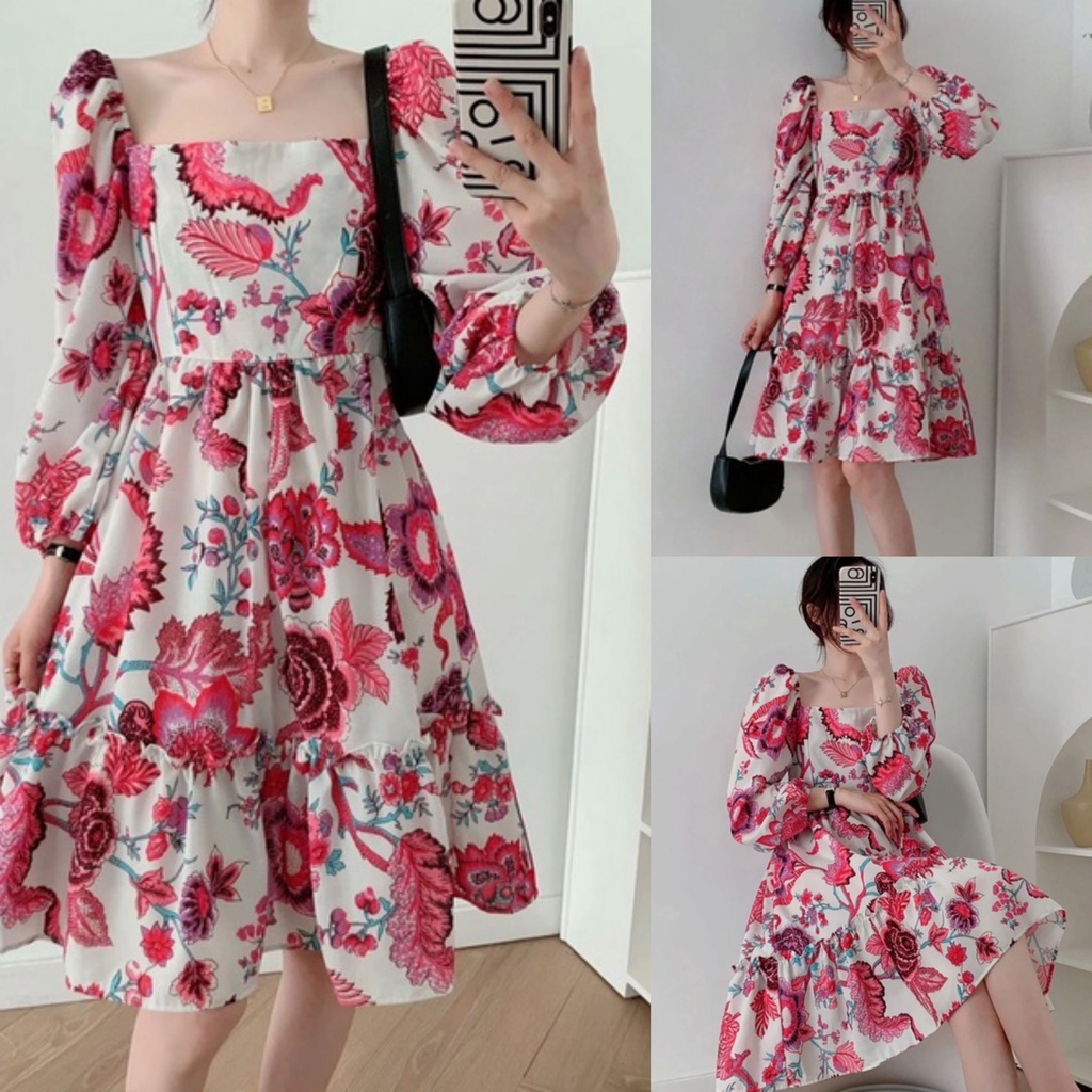Pink Floral Midi Dress Puffed Sleeves Retro Vintage French Style Square ...