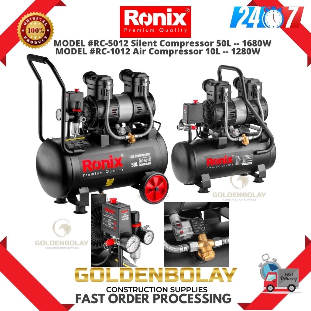 RONIX-AIR COMPRESSOR RC1012-10L 1280W and SILENT COMPRESSOR 50L - 1680W Model #RC-5012 - HIGH ...