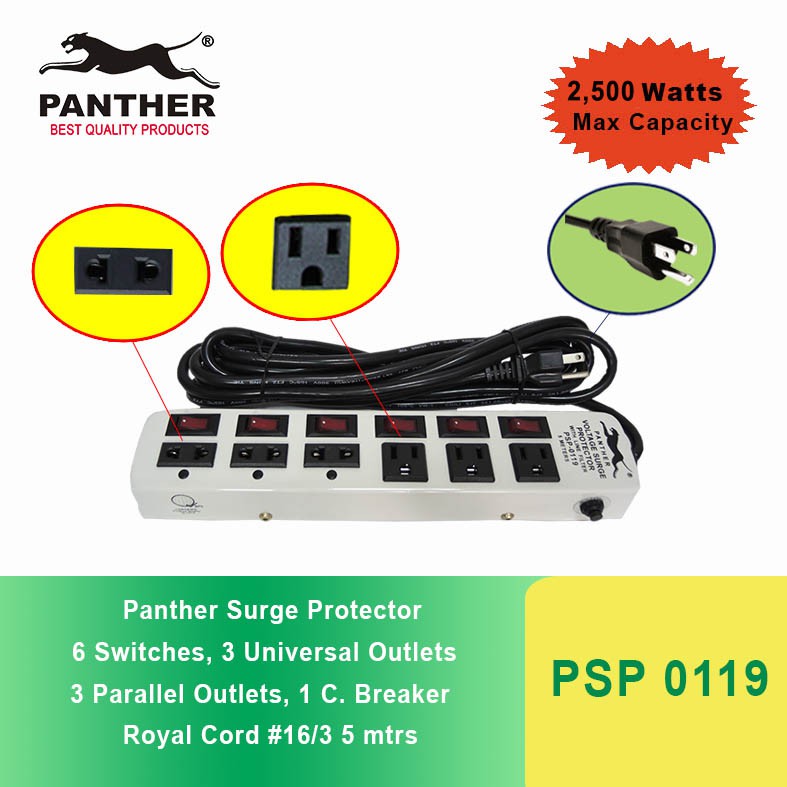 Panther PSP 0119 Extension Cord w/ Voltage Surge Protector 6 Outlets w ...