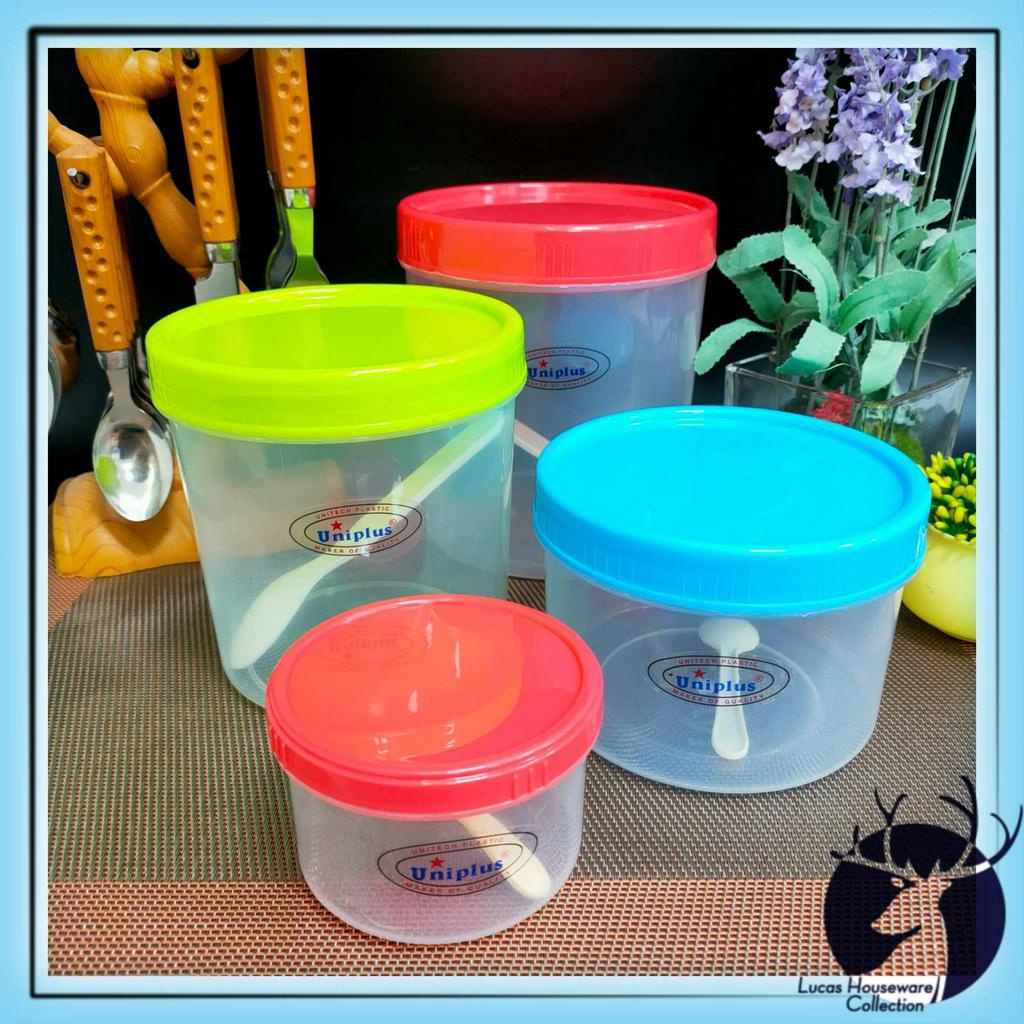 PLASTIC CANISTER WITH SPOON / ROUND CLEAR CONTAINER / PLASTIC JAR WITH ...