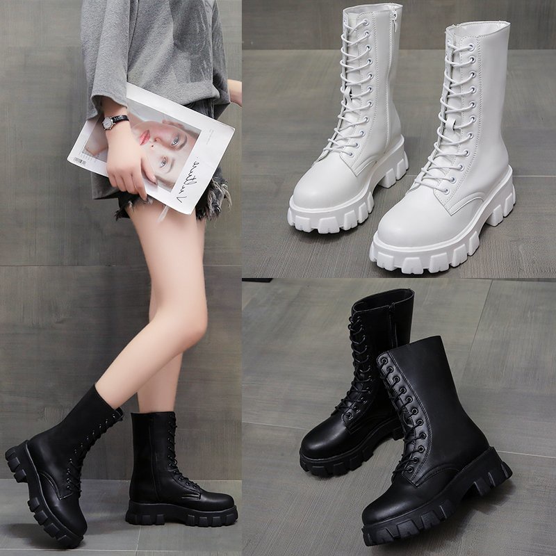 Women's high-top lace-up martin boots leather thick-soled boots ...