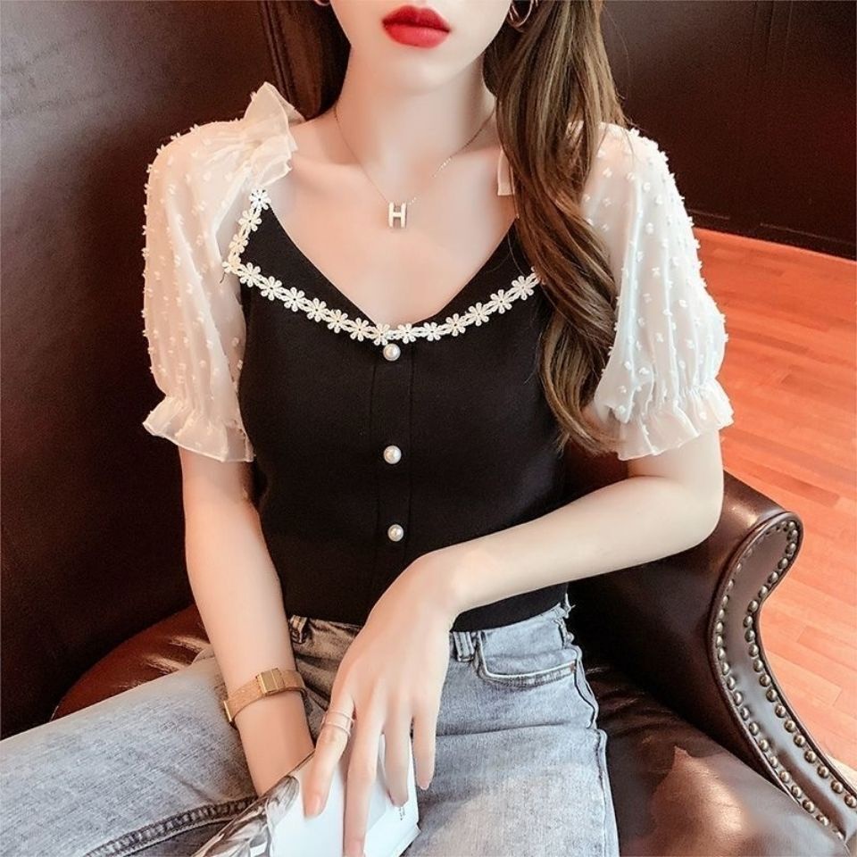 New Style V-Neck Fashion Slim-Fit Stitching Knitted Puff Sleeve Short ...