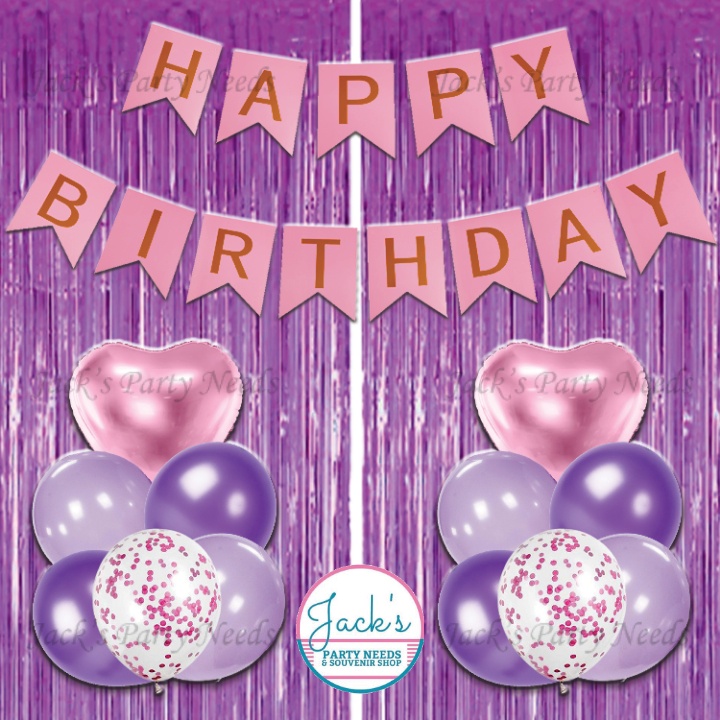 Light Violet Happy Birthday banner complete set with 2 pcs foil curtain ...