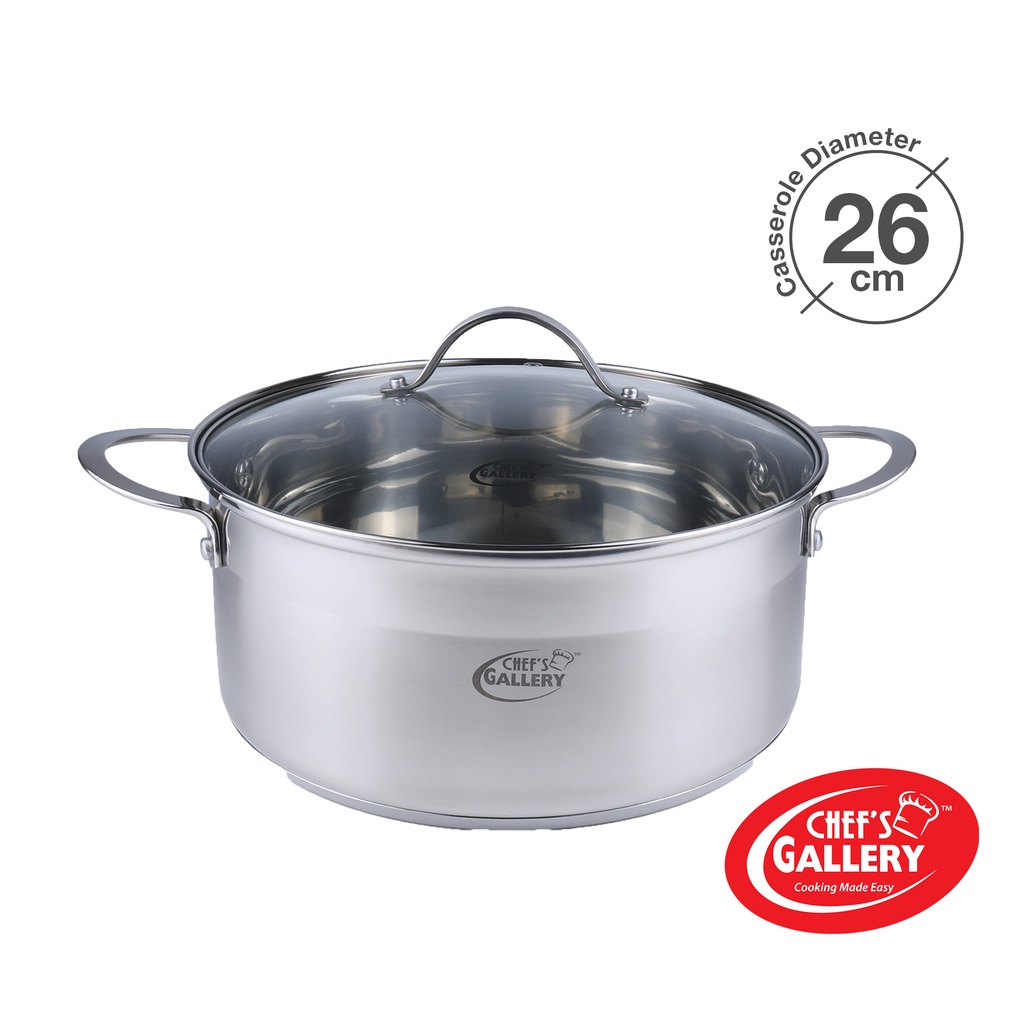 Chef's Gallery Stainless Steel Casserole 26cm | Tempered Glass Lid ...