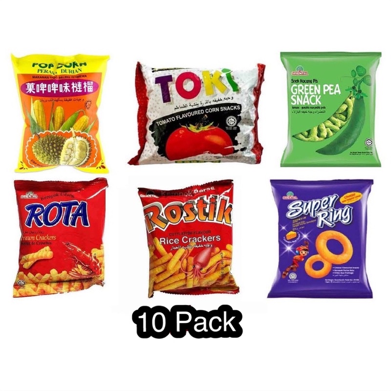 [10Pack]Oriental Super Ring Rota Prawn Toki Tomato Green Pea Snack ...