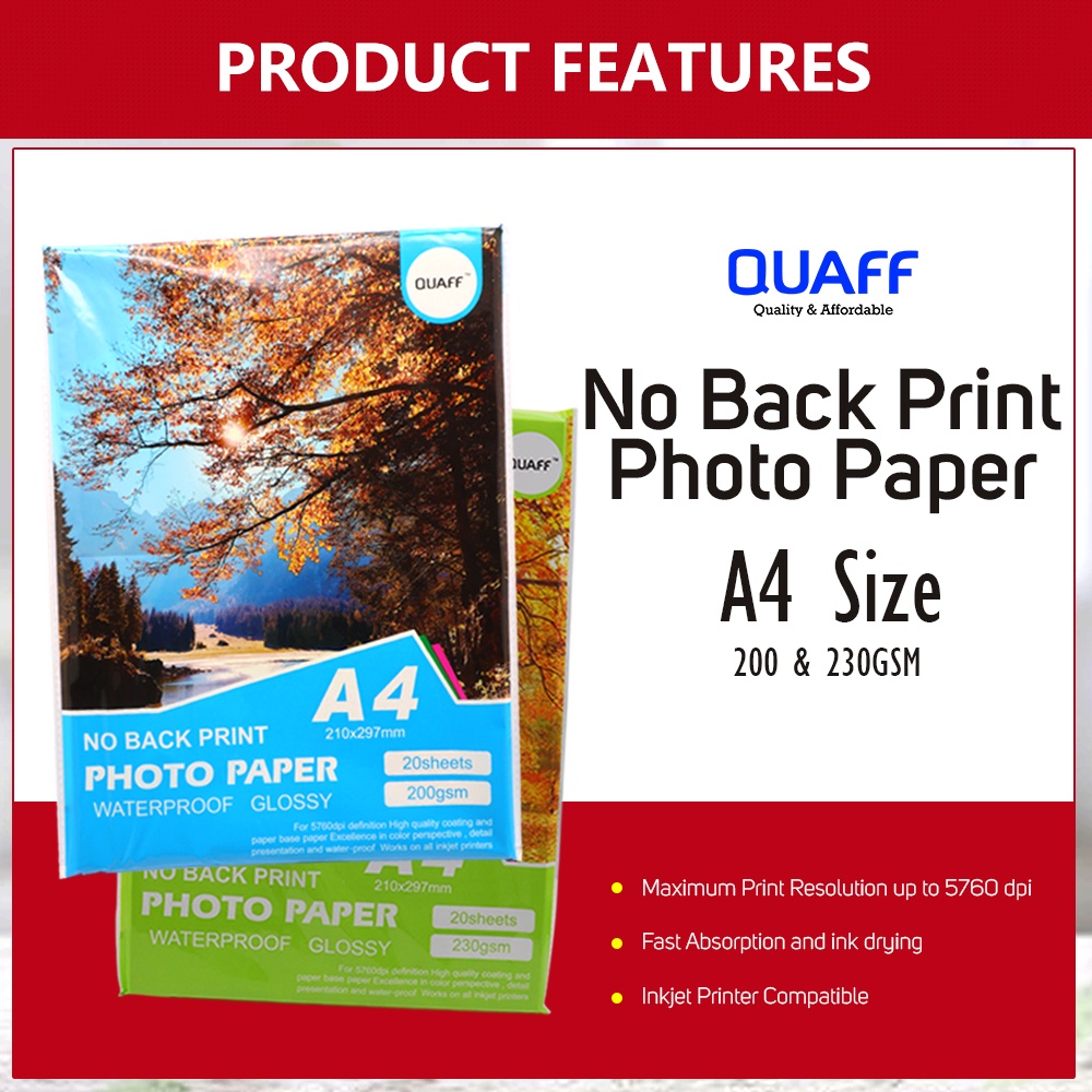 Quaff No Back Print Glossy Inkjet Photo Paper A4 200gsm 230gsm 20 Sheets Pack | Shopee Philippines