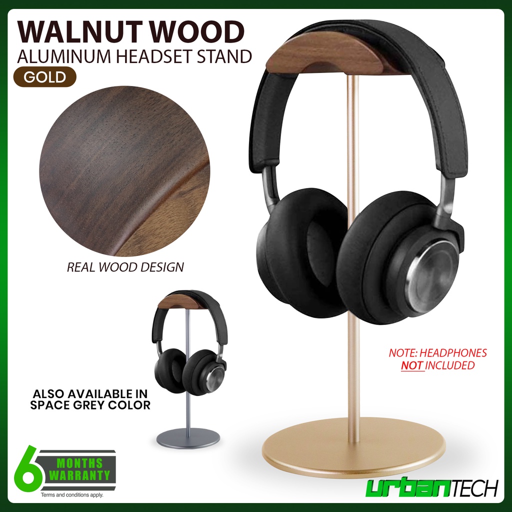 Walnut Wood Aluminum Headset Stand Headphone Holder (GOLD & SPACE GREY ...